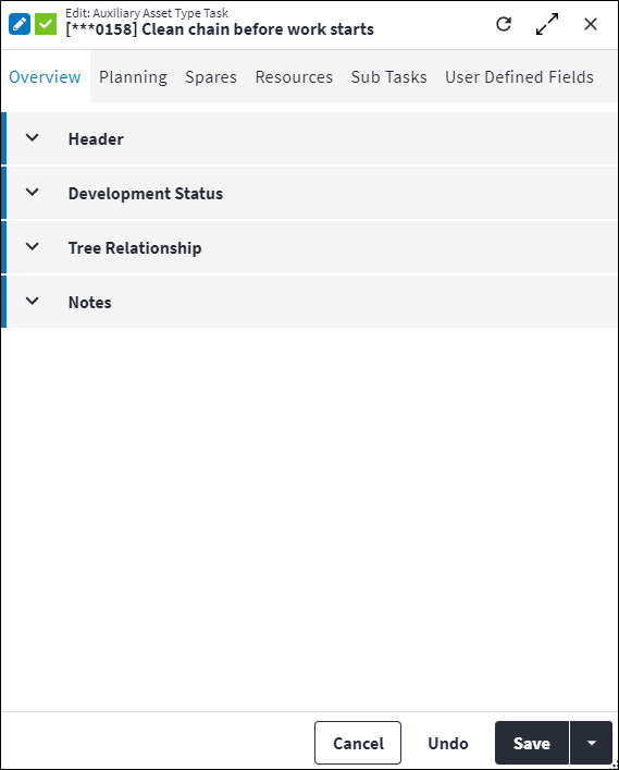 Auxiliary Asset Type Task Screen